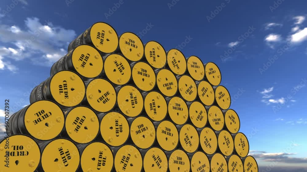 Crude oil barrel stacked in a dock and camera spinning around - 3D ...