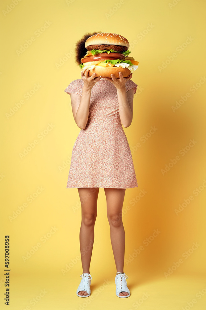 Woman holding huge burger, hiding her face behind it. Giant sandwich as ...