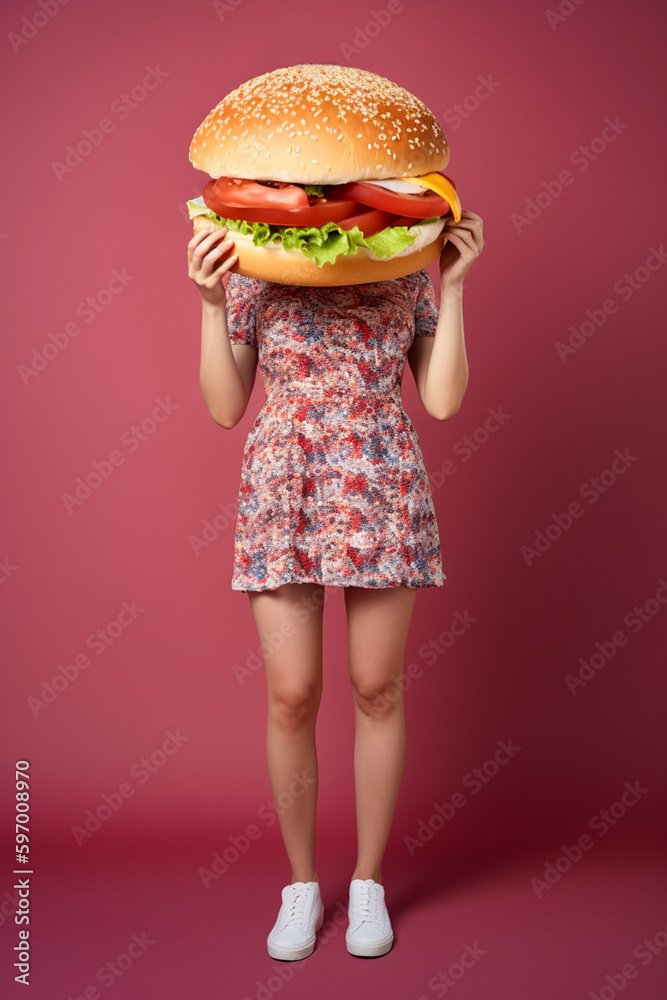 Woman holding huge burger, hiding her face behind it. Giant sandwich as ...