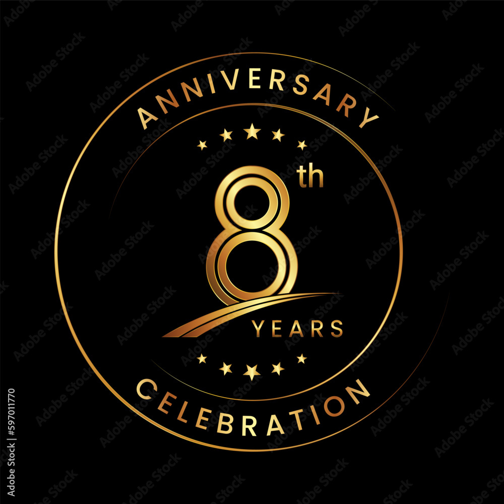 8th Anniversary. Anniversary logo design with gold color ring and text ...