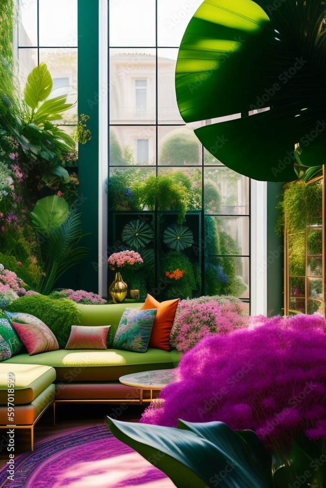 Architectural digest photo of a maximalist green solar living room with ...