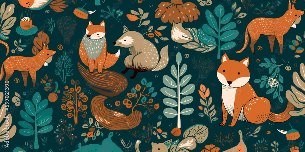 pattern with a woodland-inspired design, featuring forest animals and ...