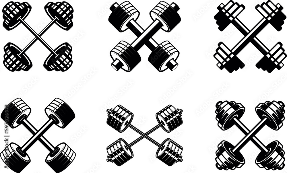 Vector illustrations of crossed sports barbells. Perfect for fitness ...