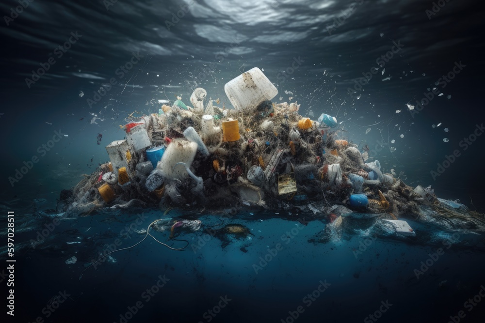 Plastic waste and garbage under water in the ocean. Climate change, the ...