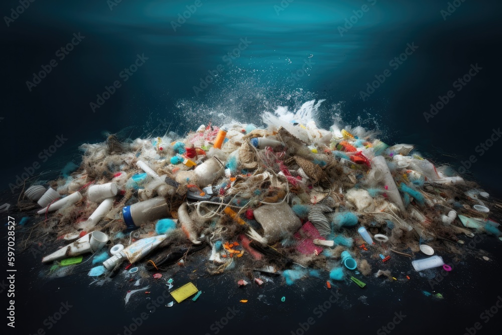 Plastic waste and garbage under water in the ocean. Climate change, the ...