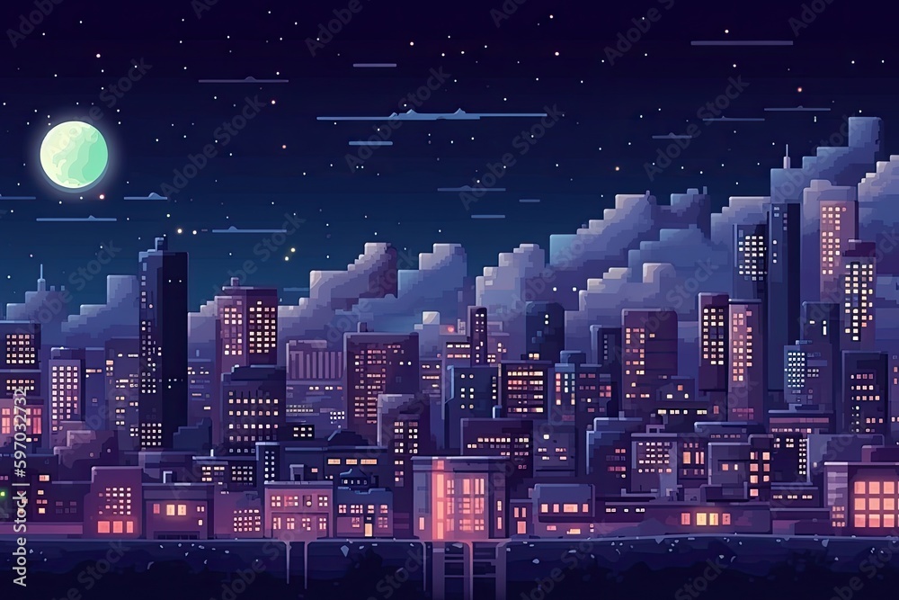 Pixel illustration of a big modern city at night with moon and stars ...