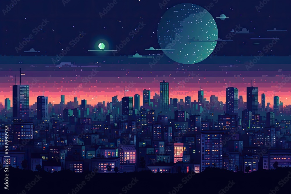 Illustration of a modern city with skyscrapers, night time. Pixel art ...
