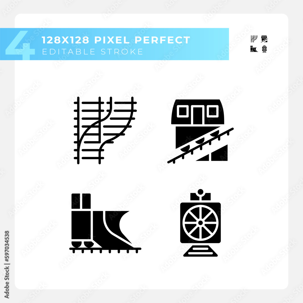Railway vehicle pixel perfect black glyph icons set on white space ...
