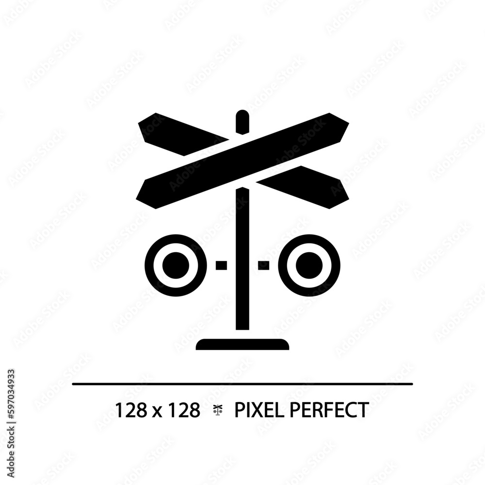 Level crossing pixel perfect black glyph icon. Rail safety. Warning ...