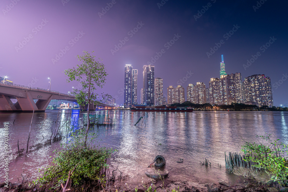 view of Landmark 81 skyscraper and Saigon river in center Saigon ...