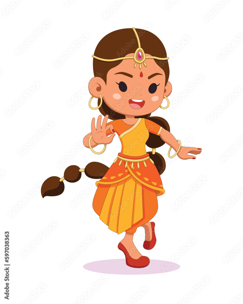 Cute style Indian woman dancer performing traditional dance cartoon ...