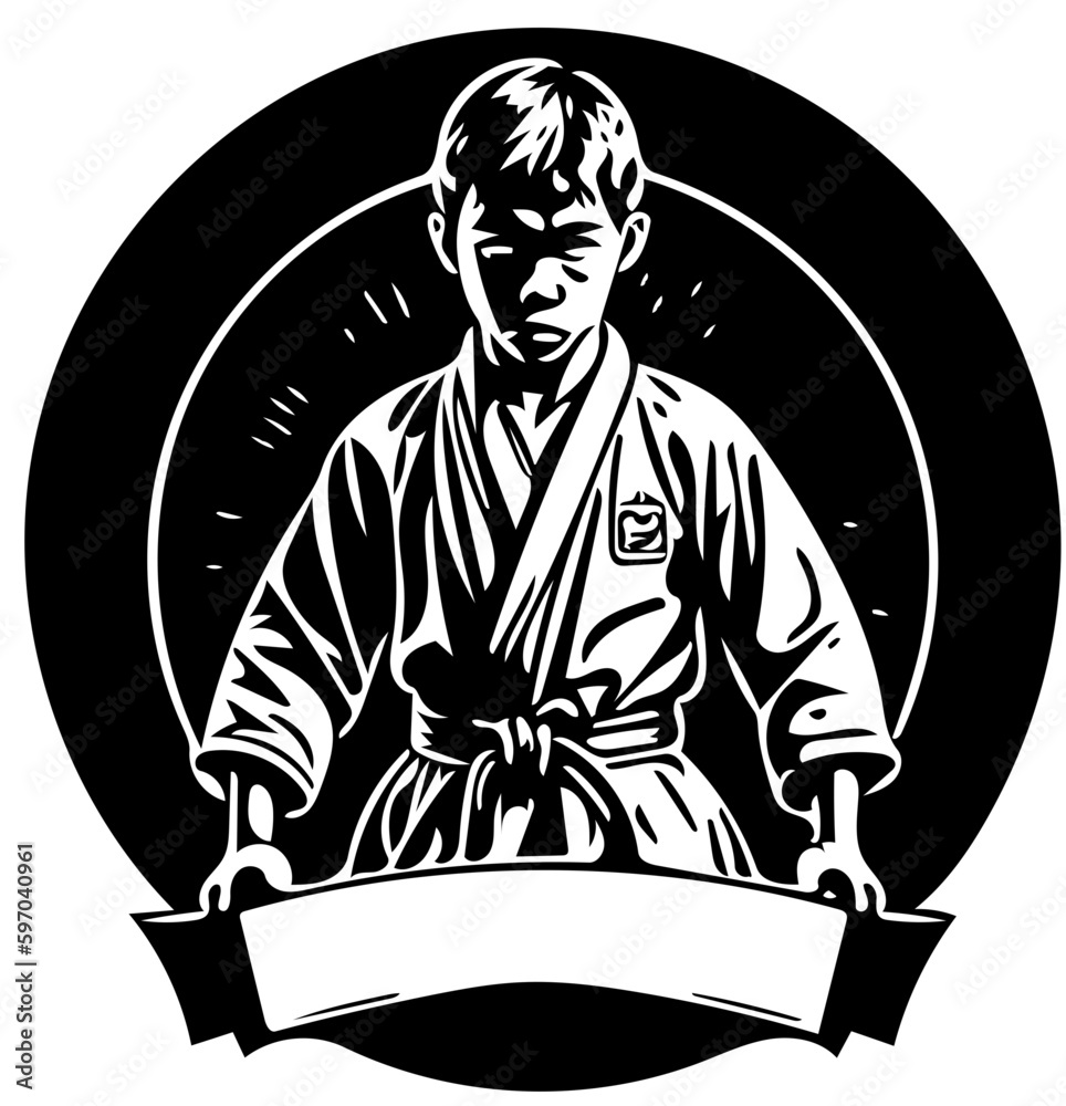 Karate kid emblem logo in black and white, vector illustration of a ...