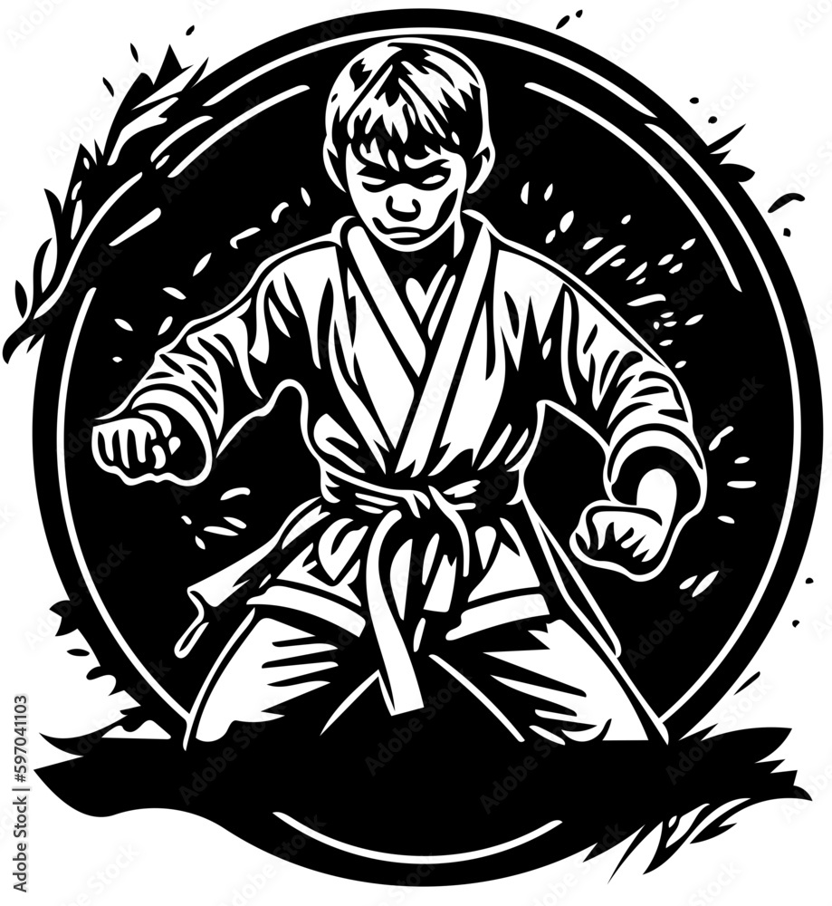 Karate kid emblem logo in black and white, vector illustration of a ...
