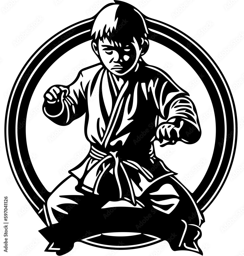 Karate kid emblem logo in black and white, vector illustration of a ...