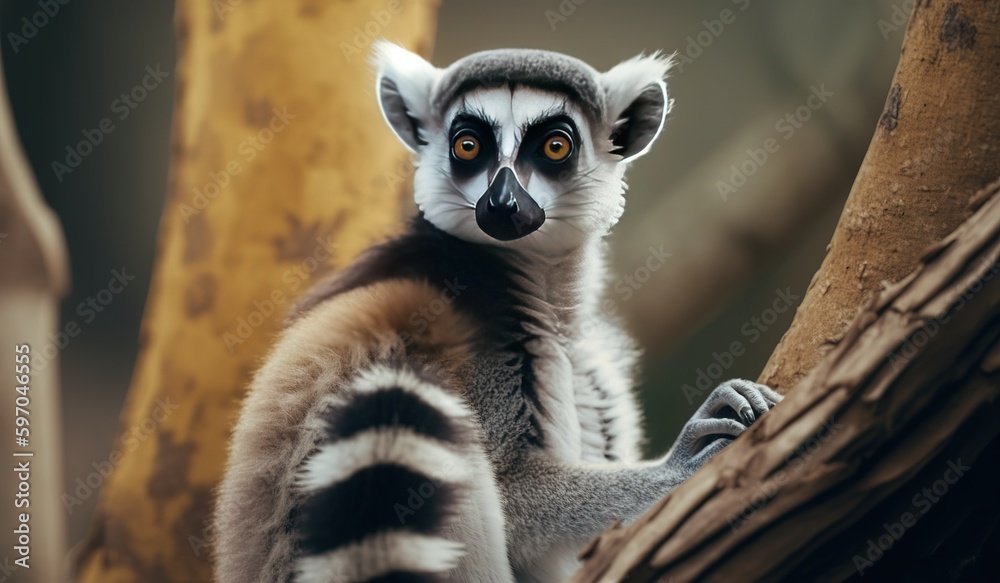 Focus is narrowed on the ring-tailed lemur as the surrounding branches ...