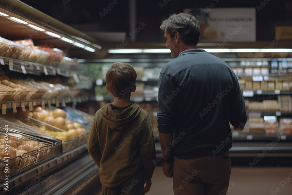 father and son shopping at the supermarket together, created with ...