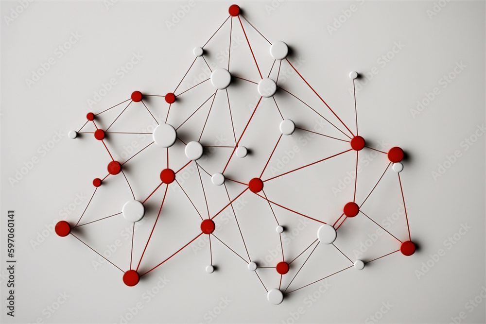 network and connection concept with red and white dots on white laconic ...