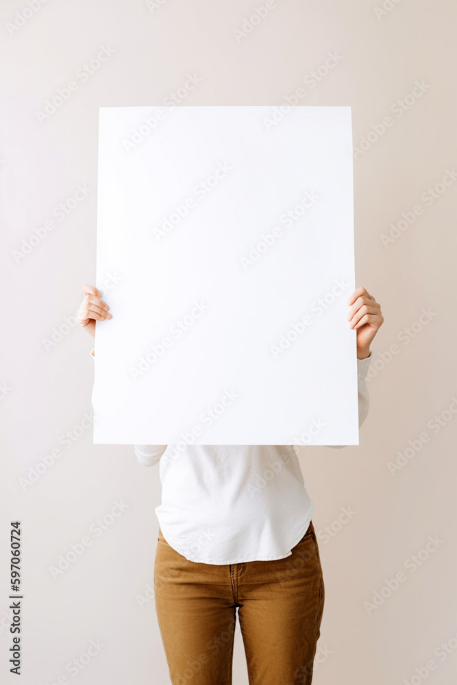 Woman with big paper sheet in her hands, studio shot. Mockup with copy ...