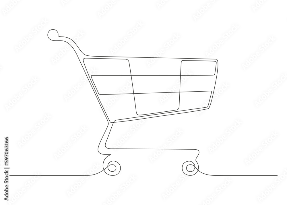 Shopping cart continuous one art line drawing. Online shopping in store ...