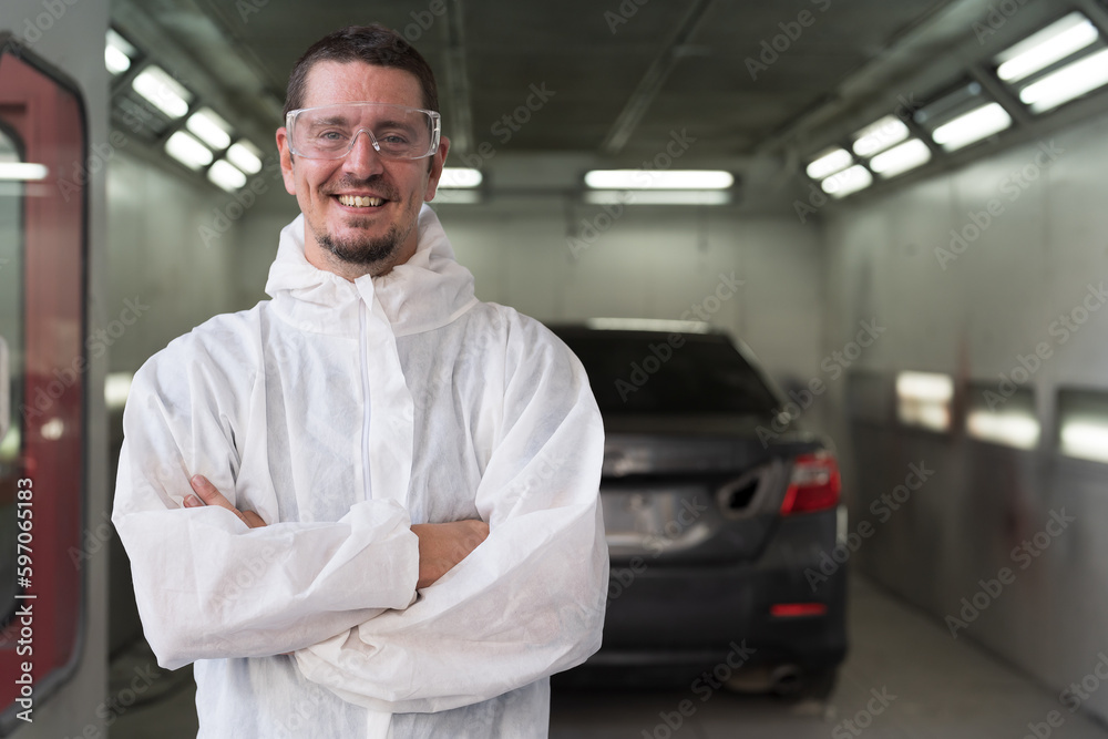 Automotive paint services and quality auto body shop concept. Male car ...