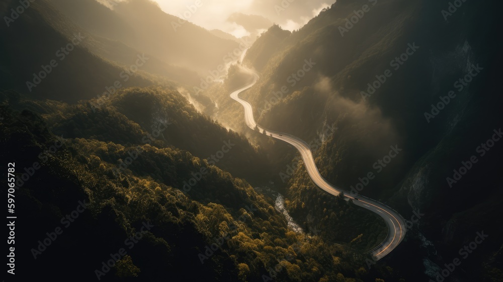 Atmospheric Bird's Eye View, Winding Asphalt Road, Pine Tree Mountains ...