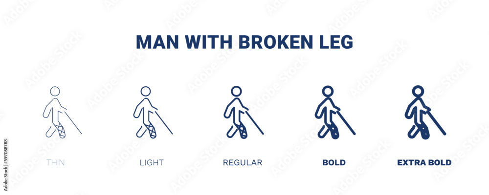 man with broken leg icon. Thin, light, regular, bold, black man with ...