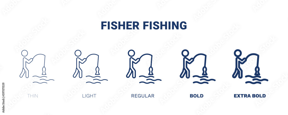 fisher fishing icon. Thin, light, regular, bold, black fisher fishing ...