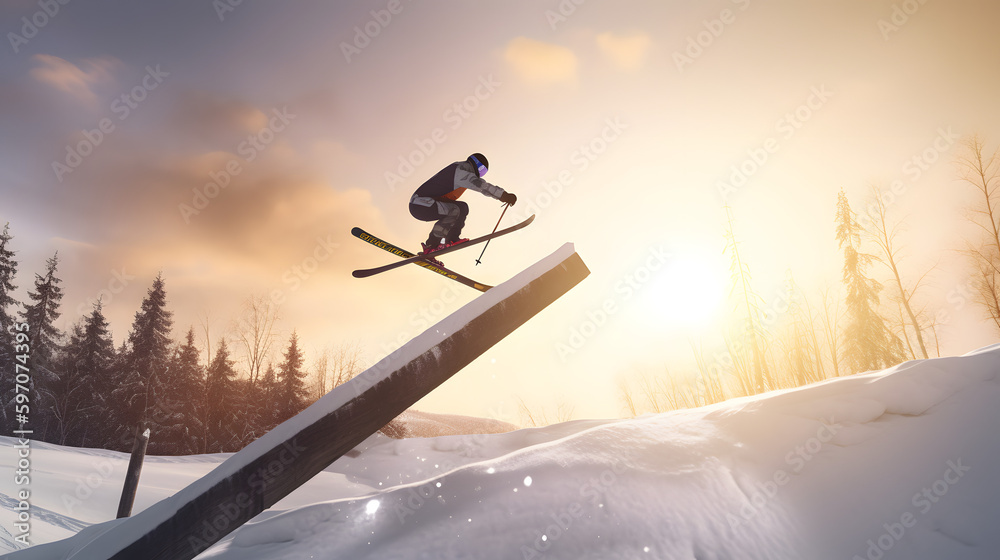 A skier jumping off a ramp and performing a mid-air trick created with ...