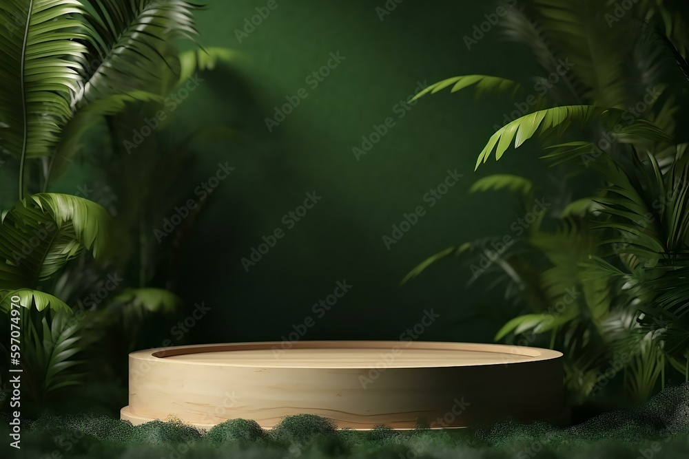 Wooden podium platform stage for product presentation in the tropical ...