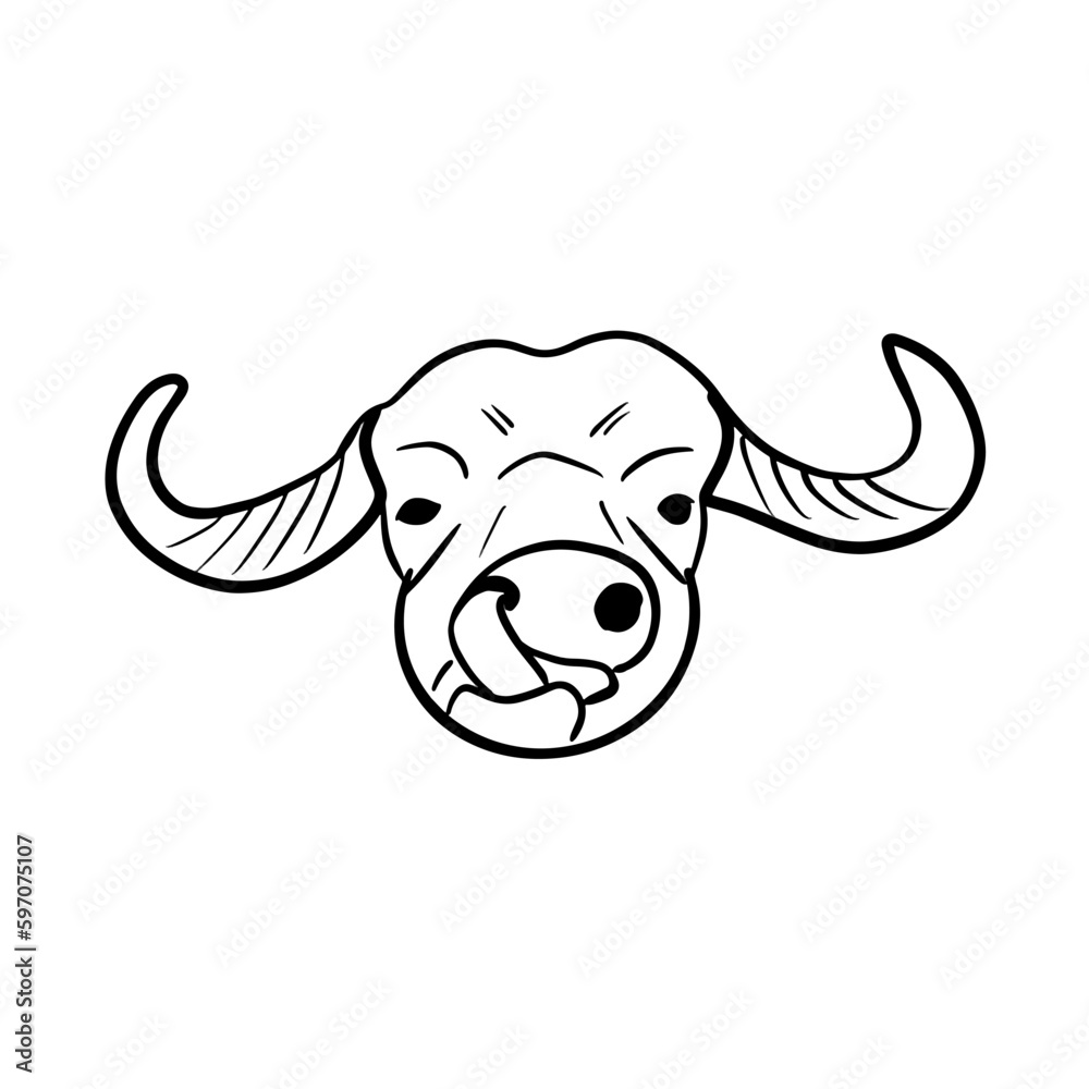 Vector sketch hand drawn bull head silhouette with tongue in nose ...