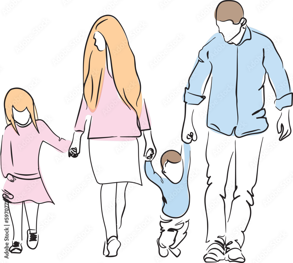 vector one line drawing of a family with 2 children Stock Vector ...