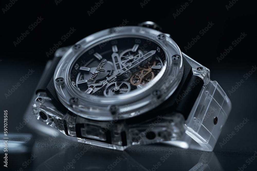 A white background with a Hublot watch displaying prominently ...