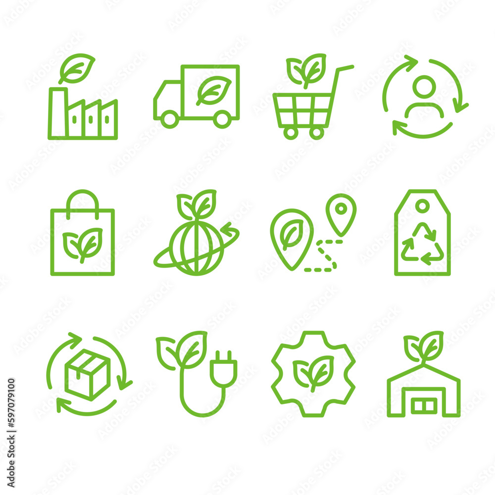 Sustainable logistics and supply chain. Vector simple line icon set for ...
