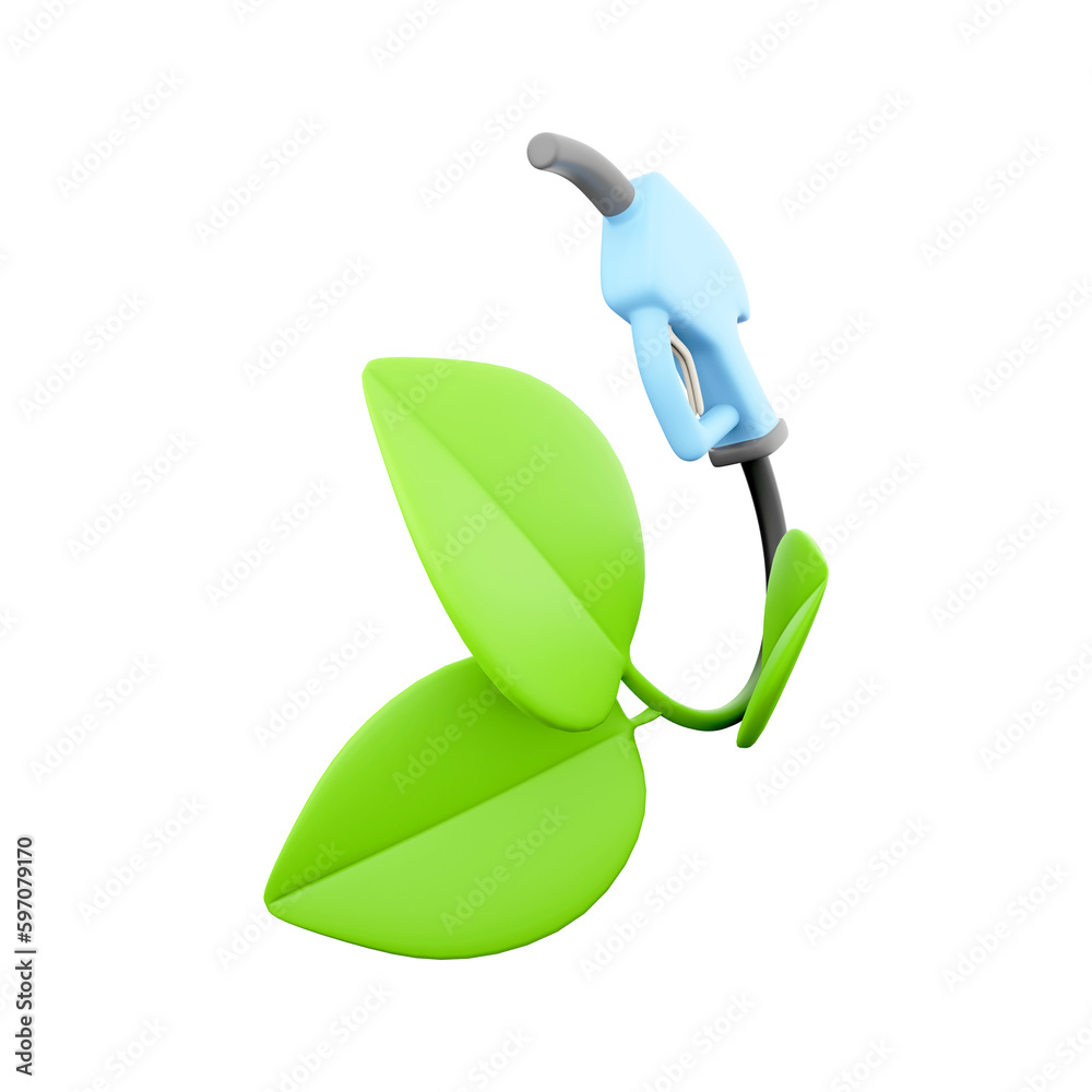 3d rendering Fuel handle pump nozzle and hose with green leaves icon ...