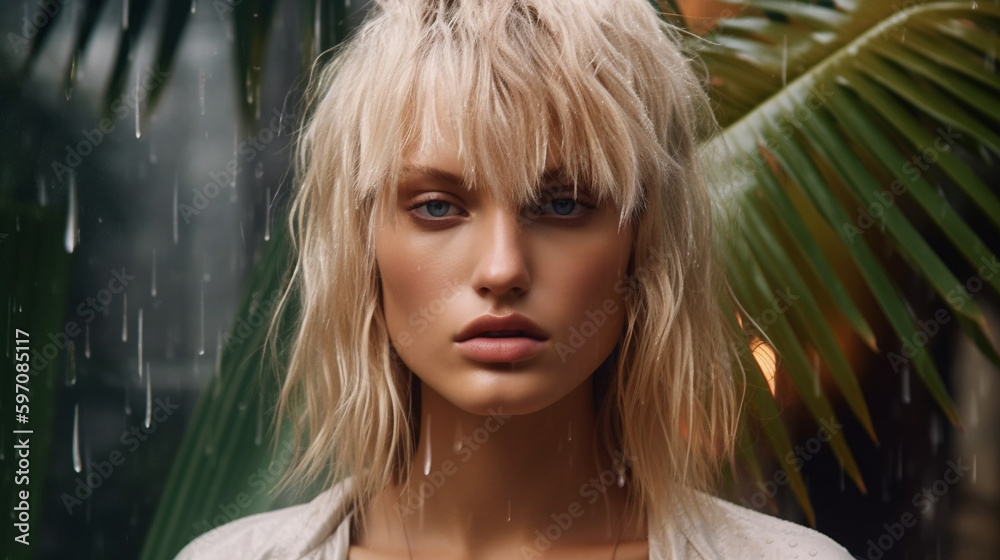 Model with blonde hair in front of wall, rain drops falling. Generative ...