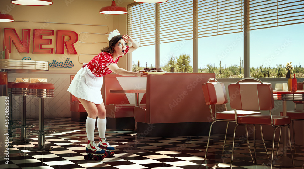 Young adorable girl, waitress in retro style clothes and rollers ...