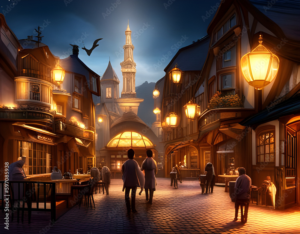 Cozy magical café courtyard at night. Warm glow over patrons relaxing ...