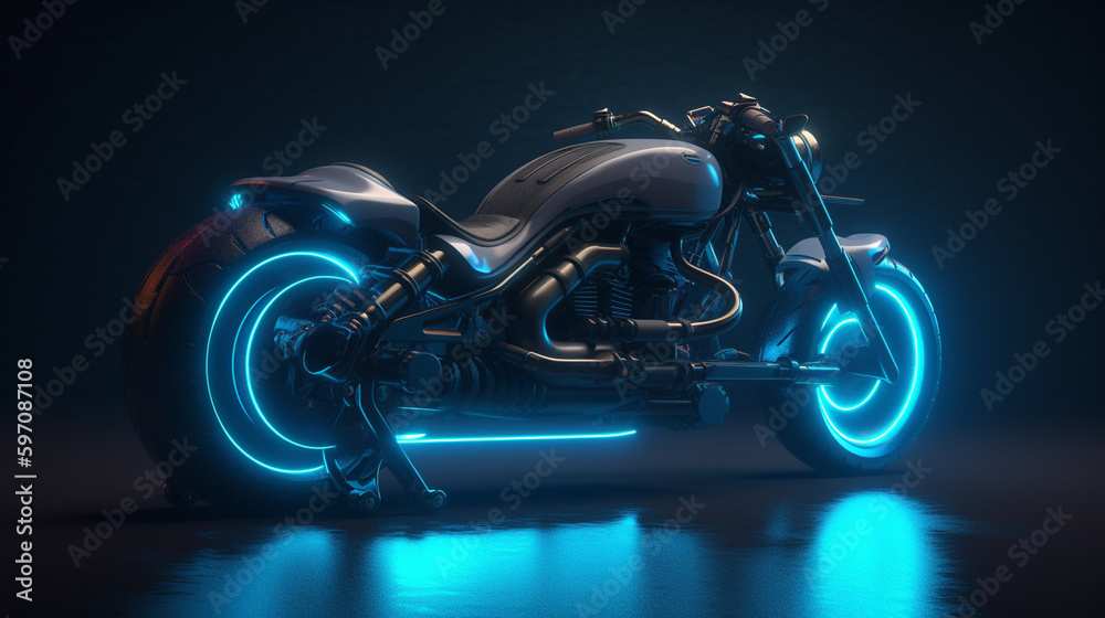3D rendering of a motorcycle with blue neon lights on a dark background ...