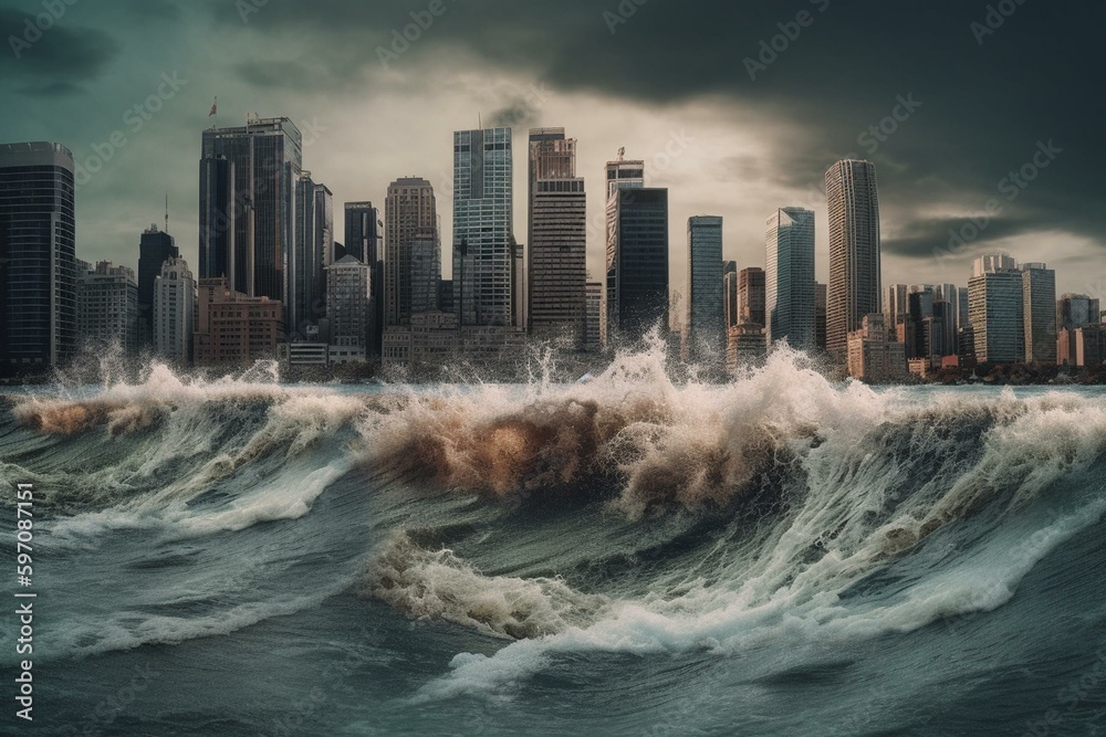 Nad's art shows a city skyline threatened by a massive tidal wave ...