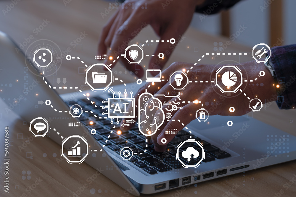 AI (Artificial intelligence) concept. Artificial intelligence Businessman using AI smart robot ...