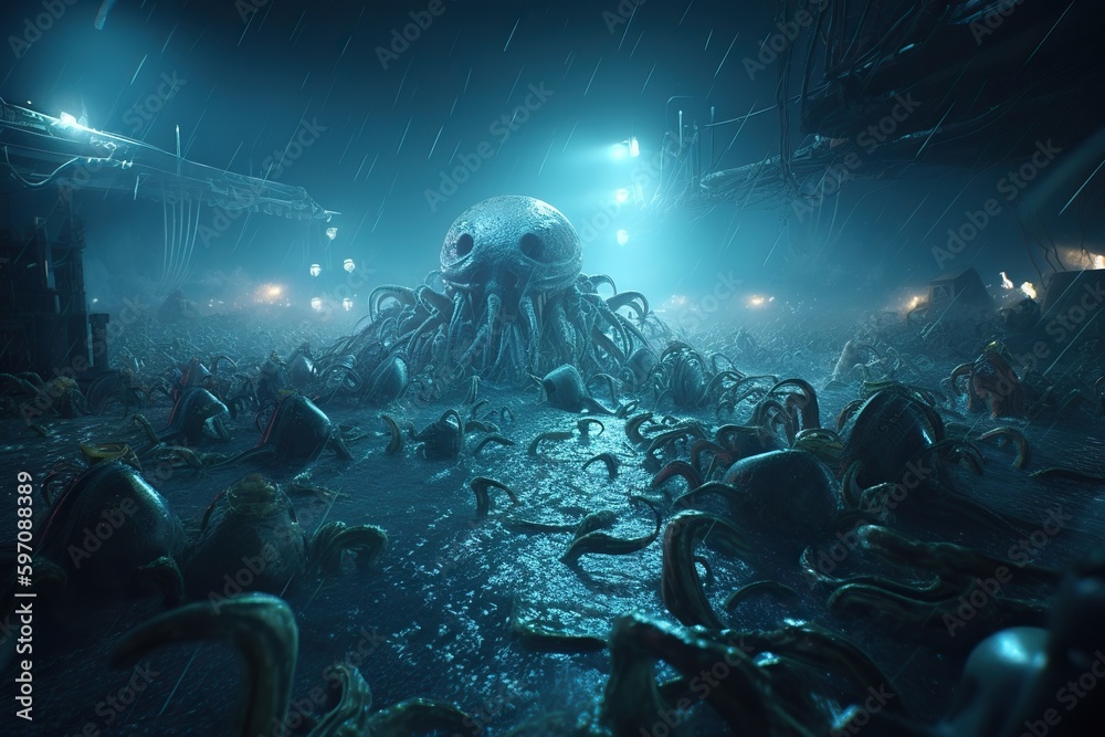 Monster Cthulhu attacked city and boats at seaport pier. Apocalypse ...