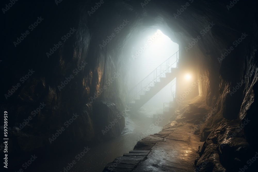 Misty subterranean passageway with luminescence and mist. Generative AI ...