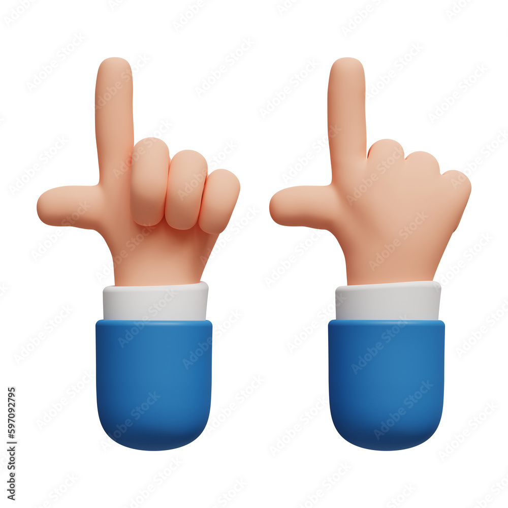 3D cartoon character hand pointing two fingers in business attire on ...