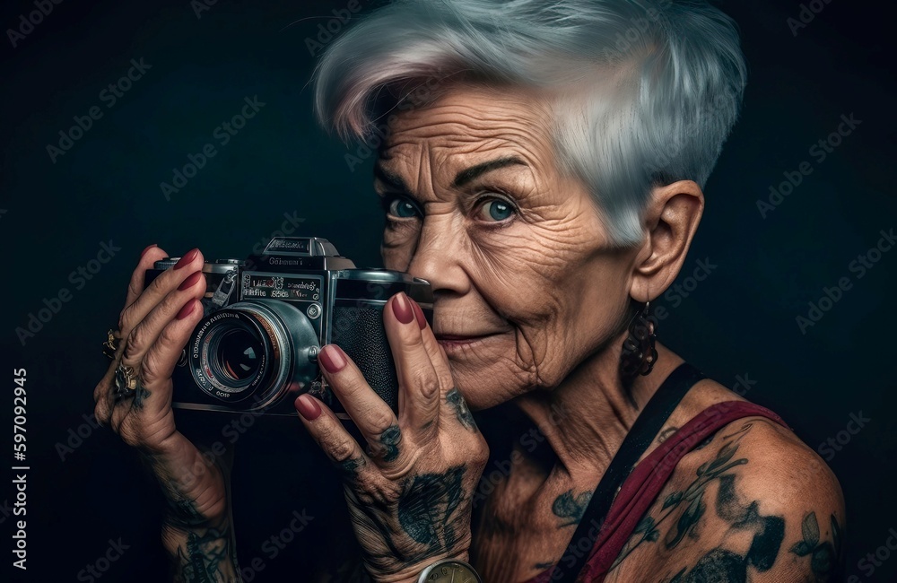 Old woman with camera: An elderly gray haired woman holds a photo ...