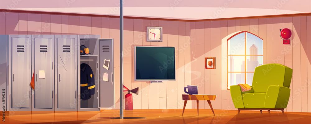 Vetor de Fire station rest room cartoon vector illustration ...