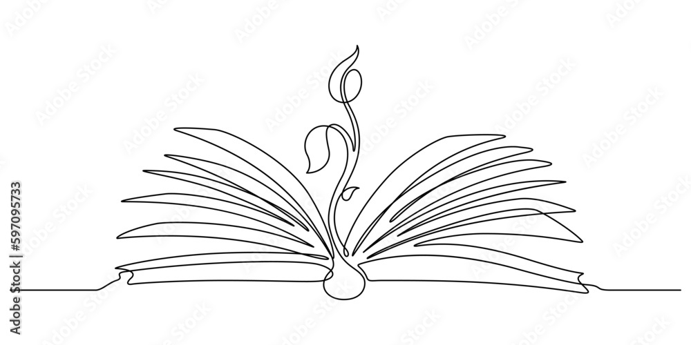 young plant with opening book in continuous line drawing tree of ...