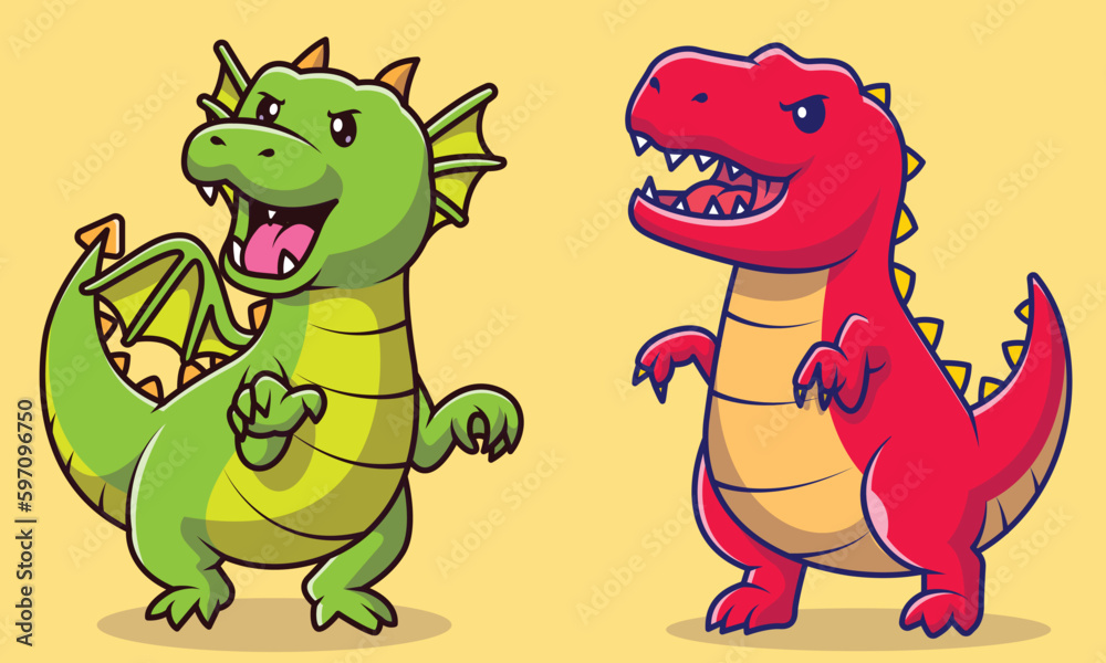 Cute angry red dinosaur vs green dragon cartoon vector icon ...