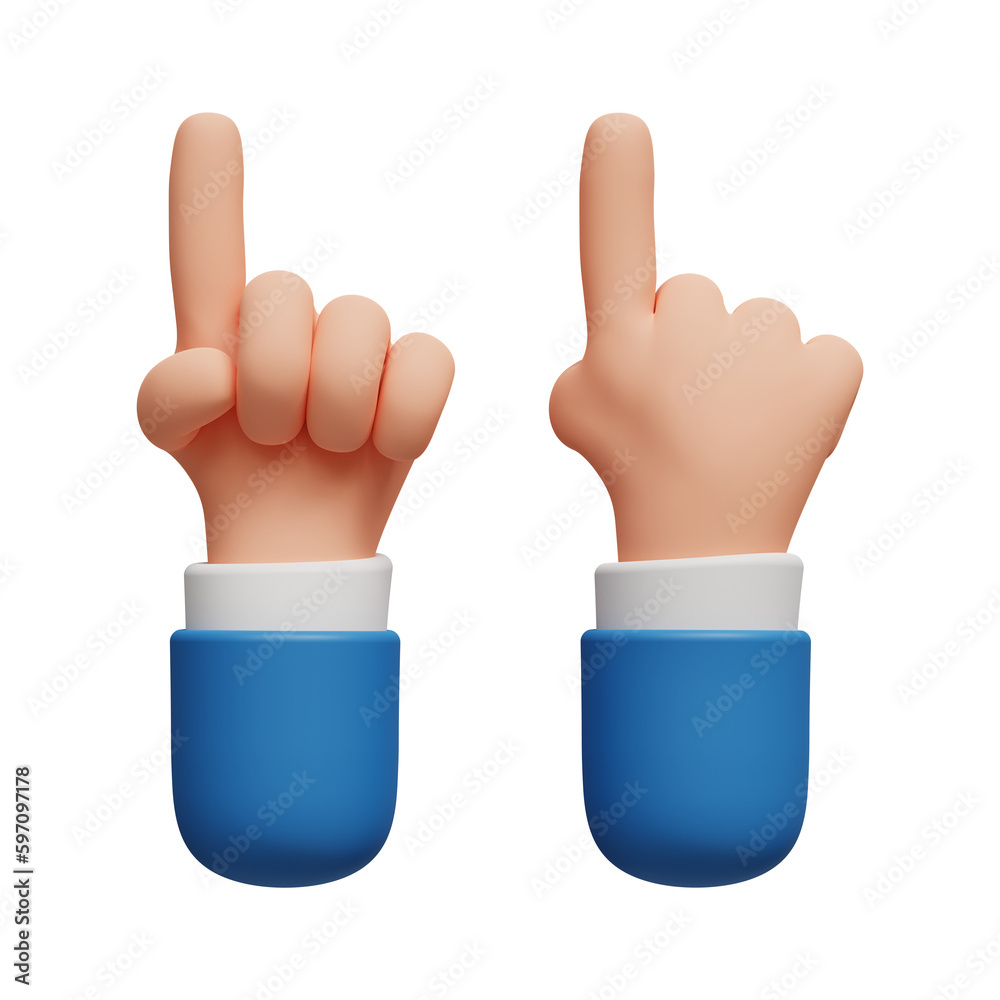 3D cartoon character hand pointing one finger in business attire on ...
