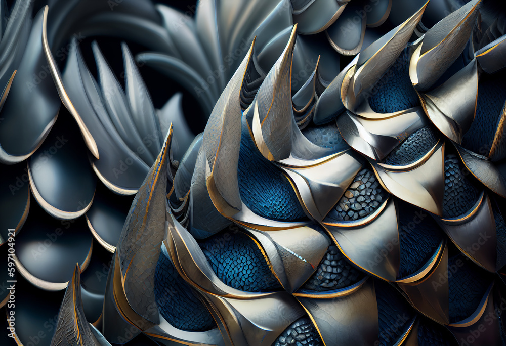 A complex, multi-layered pattern of interlocking shapes that resembles a dragon's scale armor ...