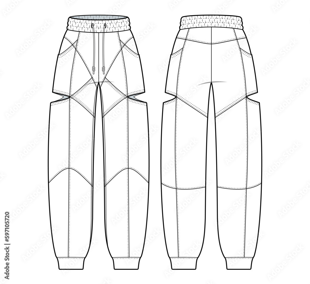 Cut Out Cargo Pants Fashion Flat Technical Drawing Template Jogger